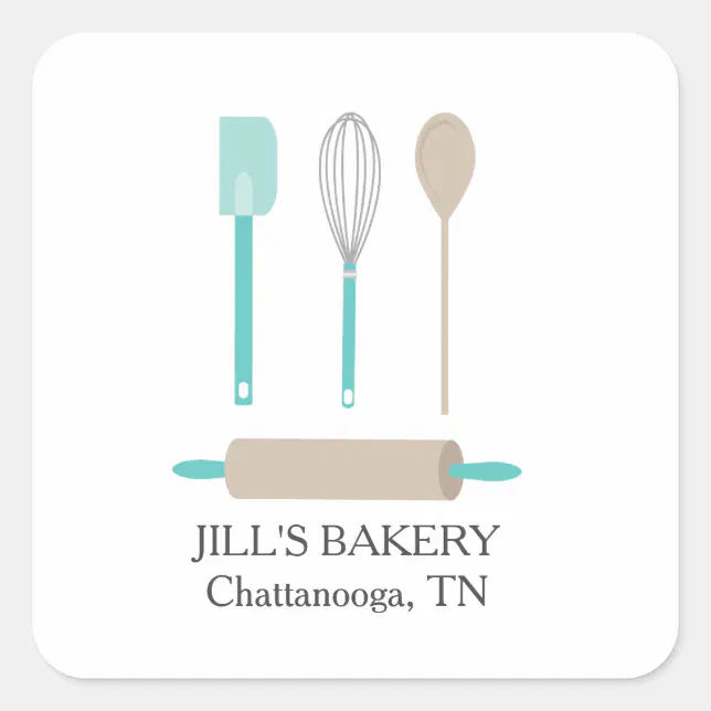 Bakery Chef Teal Kitchen Tools Food Business Square Sticker | Zazzle