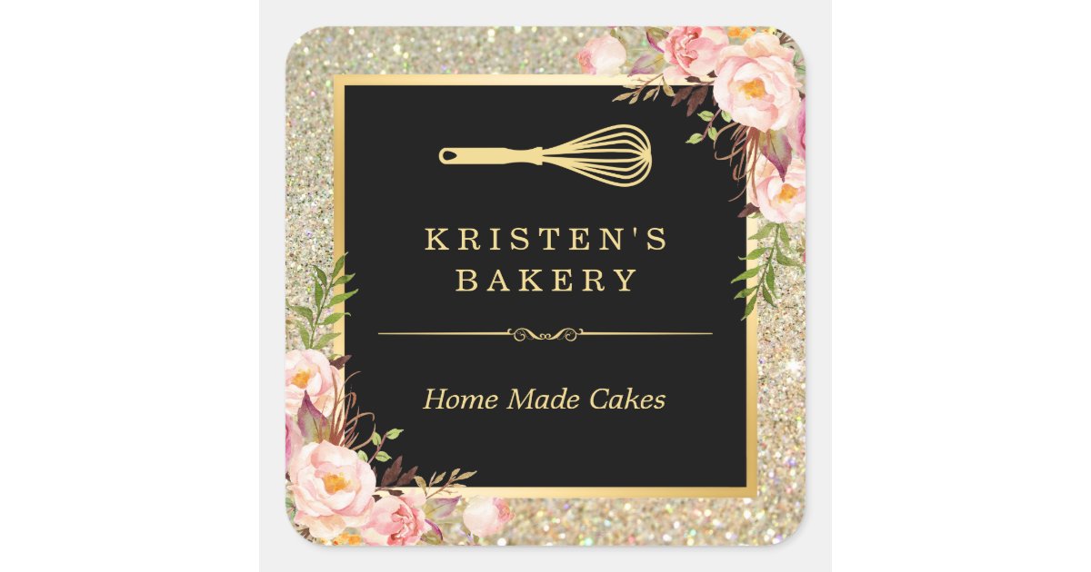Bakery Chef Whisk Logo | Floral Gold Glitter Square Sticker | Zazzle