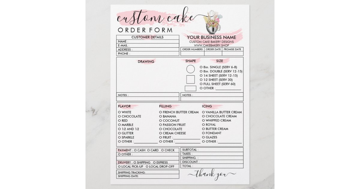 Bakery Cute Illustration Cake Order Form Flyer | Zazzle