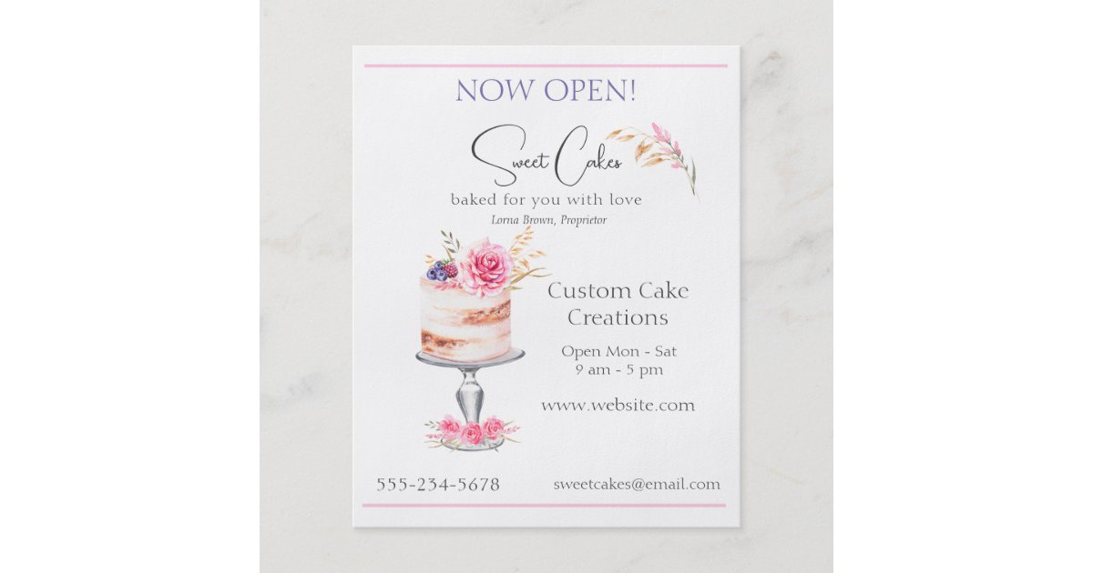 Bakery Elegant Watercolor Pink Cake Flyer | Zazzle