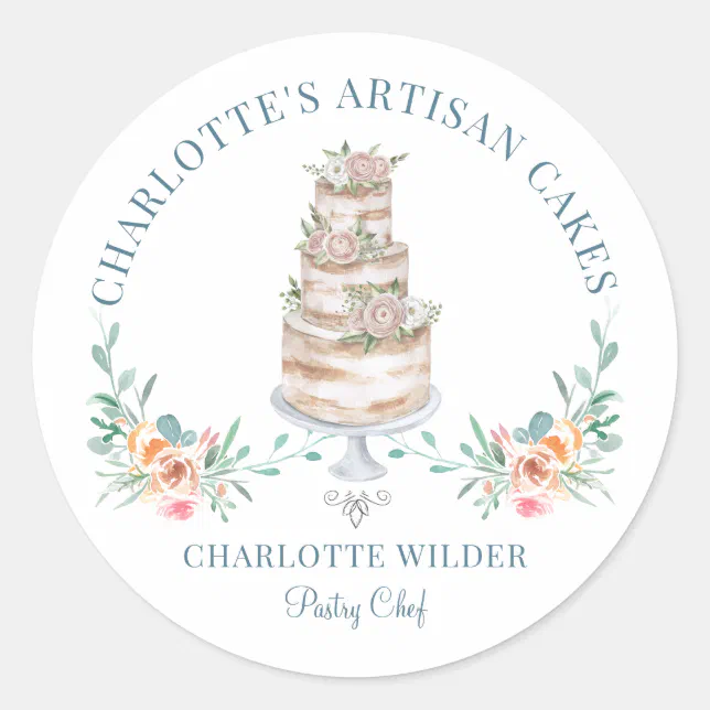 Bakery Pastry Chef Watercolor Floral Cake Logo Classic Round Sticker ...