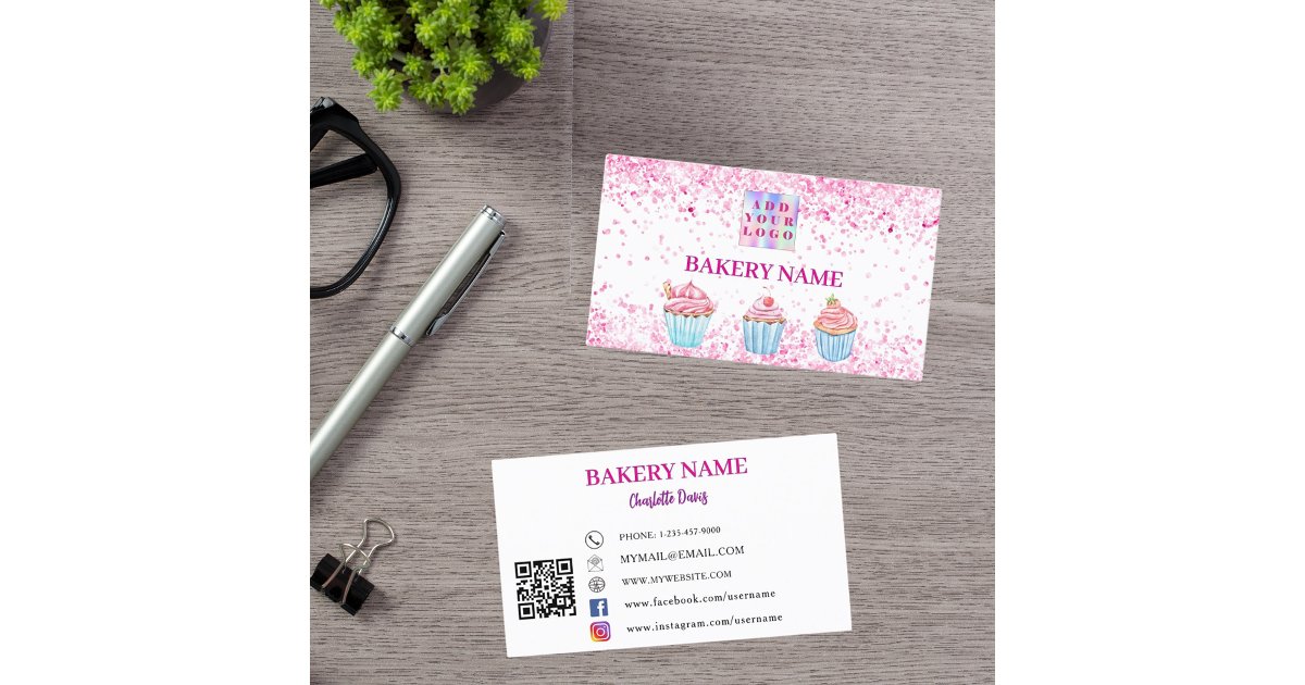 Bakery pink cupcakes pastry QR code logo Business Card | Zazzle
