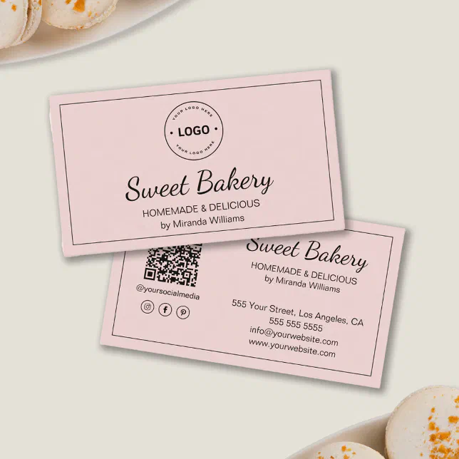 Bakery Pink Modern Logo QR Social Media Icons Business Card | Zazzle