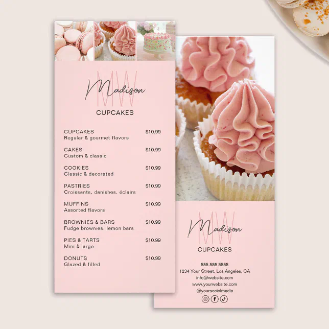 Bakery Price List Custom Monogram Logo Pink Rack Card | Zazzle