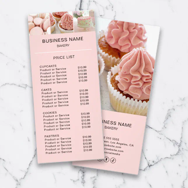 Bakery Price List Custom Photo QR Pink Rack Card | Zazzle