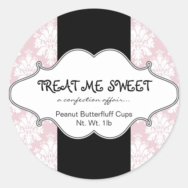 Bakery Product Labels Pink Damask Round Stickers | Zazzle