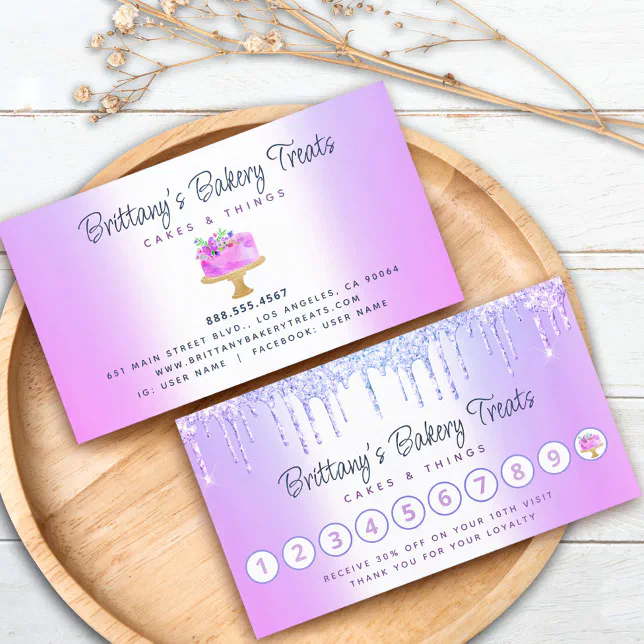 Bakery Purple Ombre Cake Glitter Drips Pastry Chef Loyalty Card | Zazzle