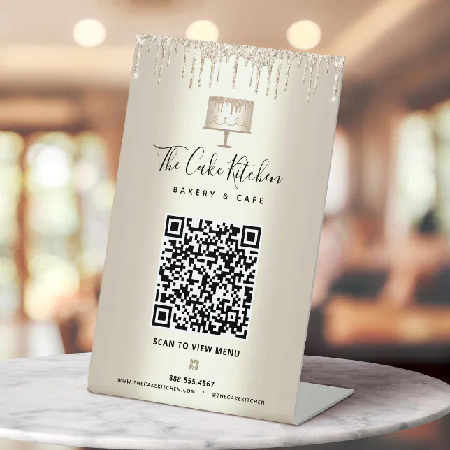 Bakery QR Code Scan Menu Gold Cake Glitter Drips Pedestal Sign | Zazzle