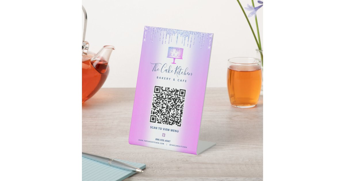 Bakery QR Code Scan Menu Purple Cake Glitter Drips Pedestal Sign | Zazzle