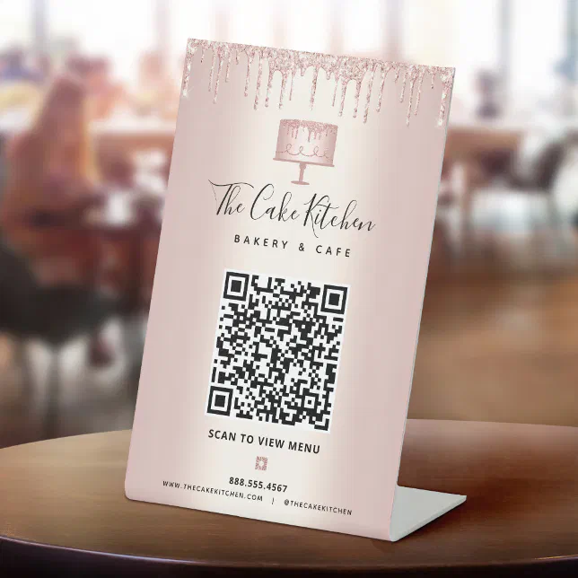 Bakery QR Code Scan Menu Rose Gold Cake Glitter Pedestal Sign | Zazzle