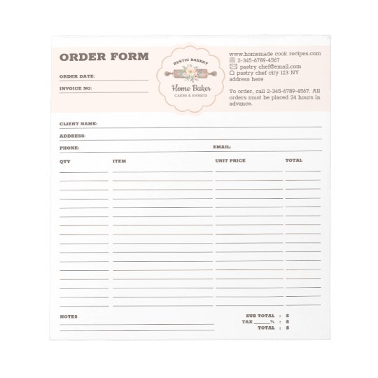 Bakery Rolling Pin Order Form Notepad | Zazzle.com