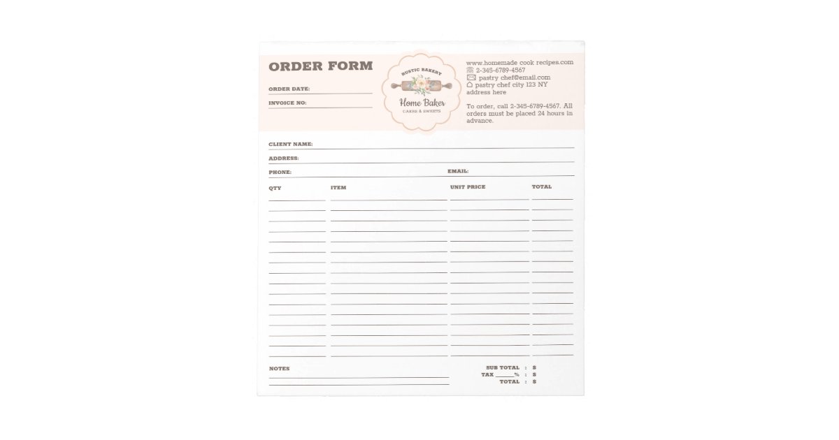 Bakery Rolling Pin Order Form Notepad | Zazzle