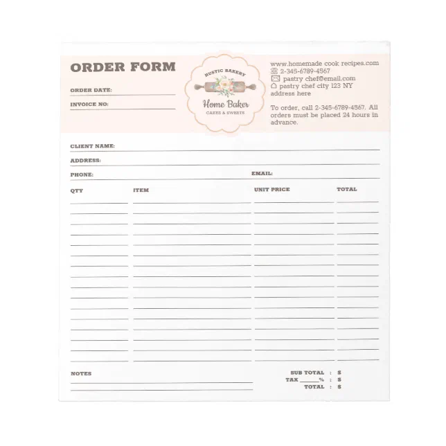 Bakery Rolling Pin Order Form Notepad | Zazzle