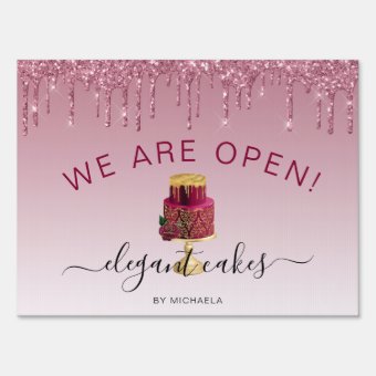 Bakery We Are Open Glitter Drip Burgundy Cake Sign | Zazzle