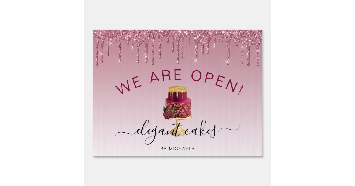 Bakery We Are Open Glitter Drip Burgundy Cake Sign | Zazzle
