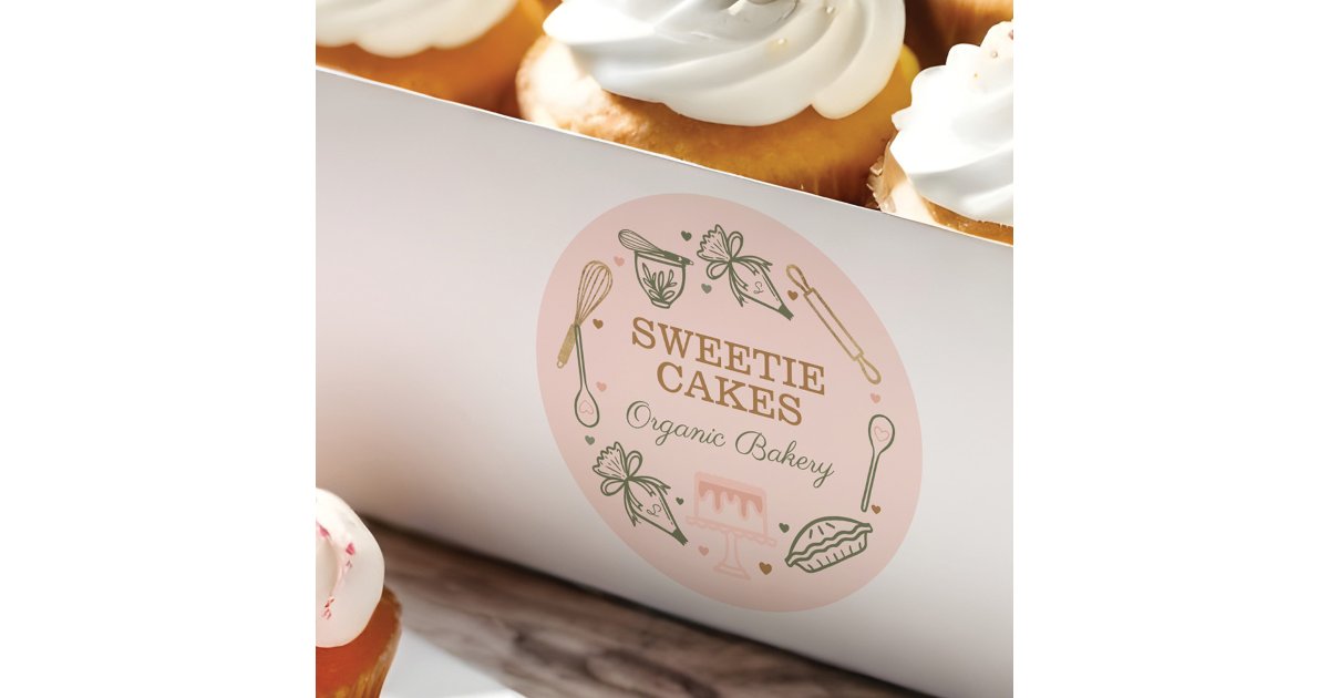 Baking & Cooking Utensil Pink & Olive Green Classic Round Sticker | Zazzle