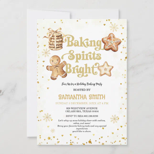Baking Spirits Bright Gold Christmas Baking Party Invitation | Zazzle