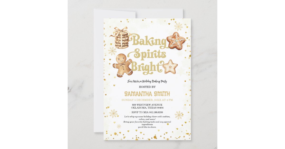 Baking Spirits Bright Gold Christmas Baking Party Invitation | Zazzle