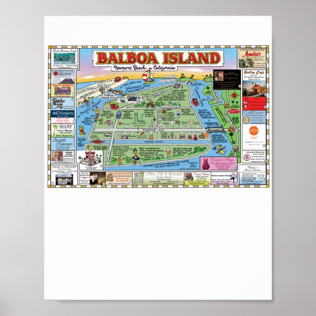 Balboa Island, Newport Beach, Cartoon Map Poster | Zazzle