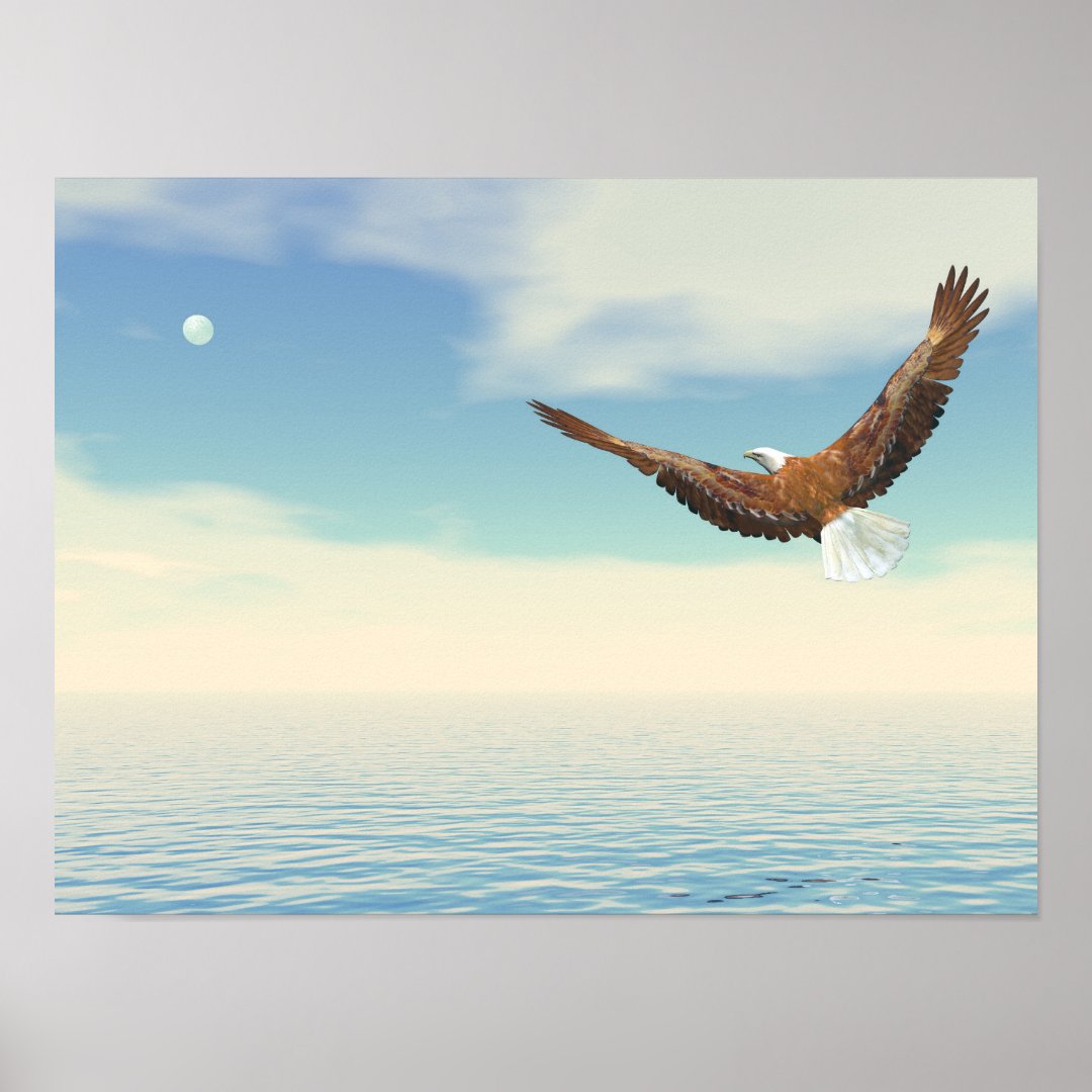 Bald eagle flying upon the ocean to the moon poster | Zazzle