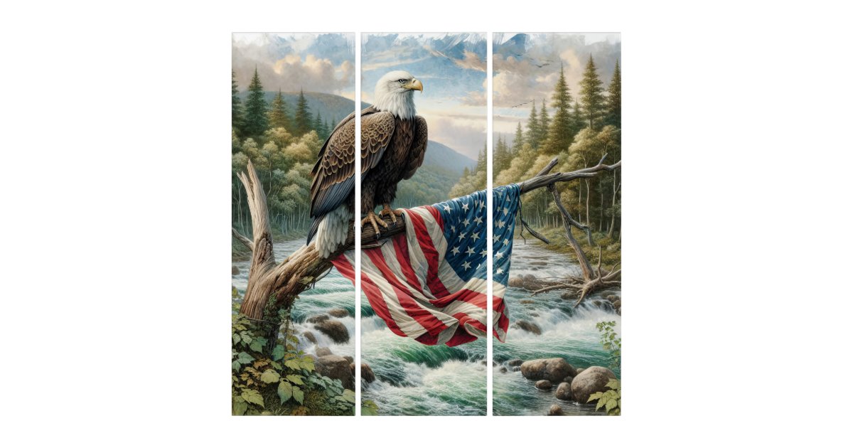 Bald Eagle Guarding The USA Flag Triptych | Zazzle