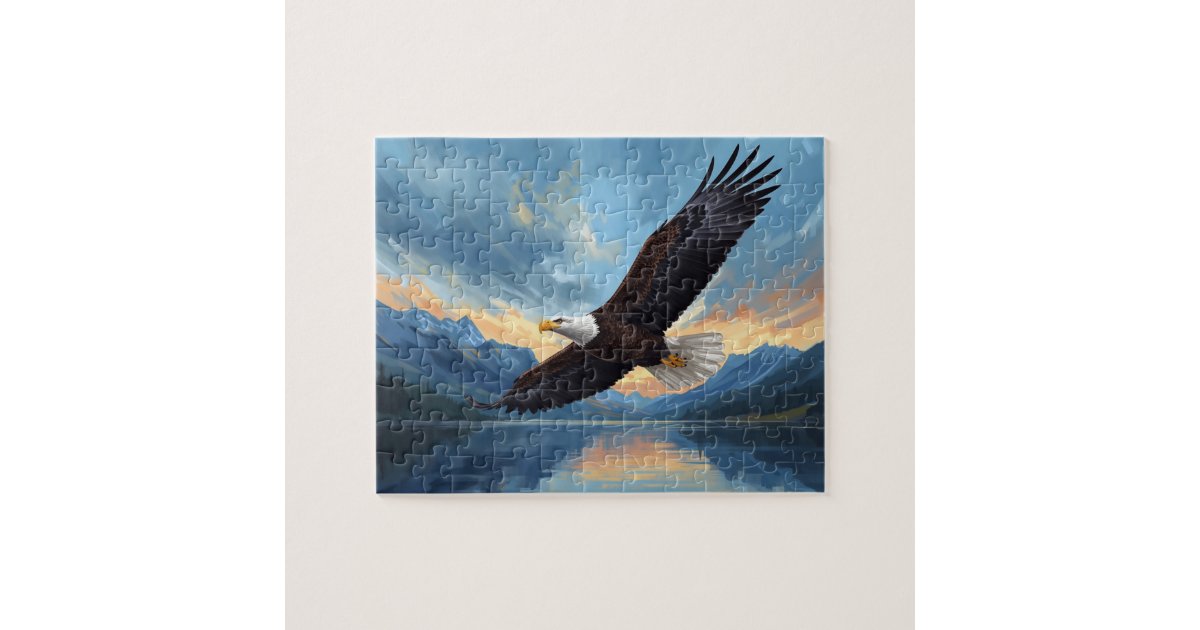 Bald Eagle Soaring Mountain Lake Sunset Art Jigsaw Puzzle | Zazzle