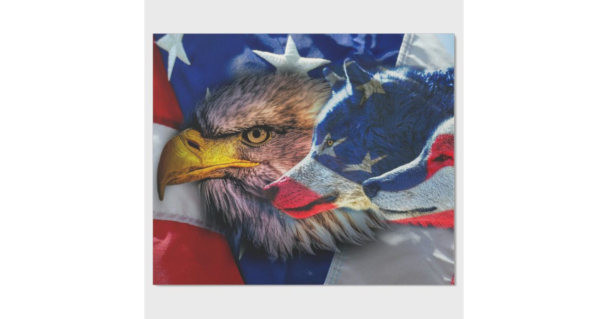Bald Eagle Wolf American Flag Wrapping Paper | Zazzle