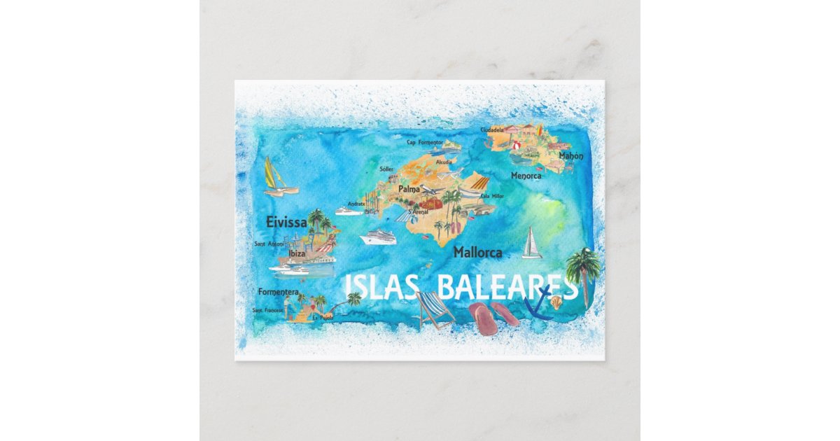 Balearic Islands Illustrated Travel Map Postcard | Zazzle