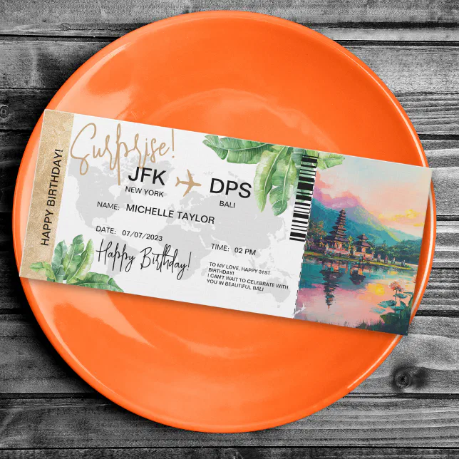 Bali Surprise Birthday Boarding Pass Ticket Invitation | Zazzle