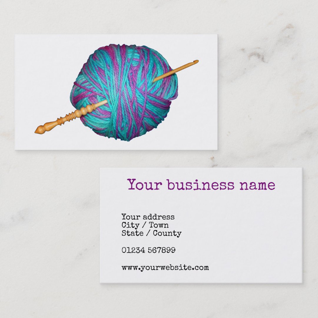 Ball of yarn and crochet hook, for a crocheter business card | Zazzle