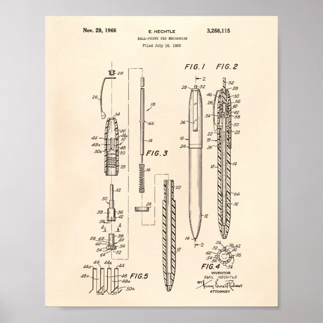 Ball Point Pen 1966 Patent Art Old Peper Poster | Zazzle
