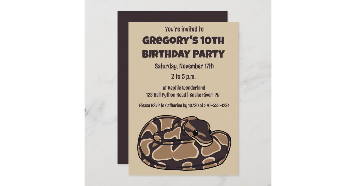 Ball Python Snake, Brown and Tan Personalized Invitation | Zazzle