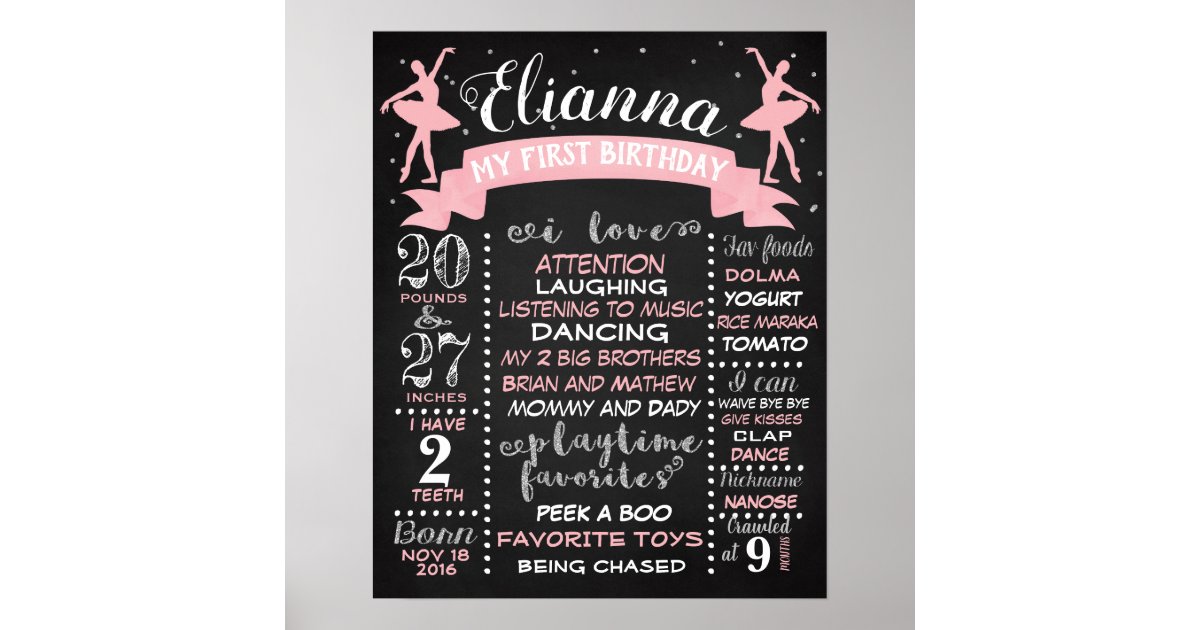 Ballerina ballet First Birthday chalkboard sign | Zazzle