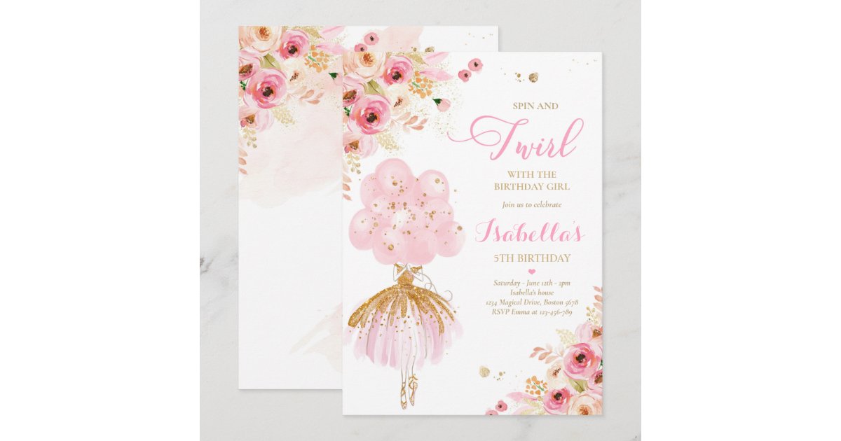 Ballerina Birthday Pink & Gold Floral Ballerina Invitation | Zazzle