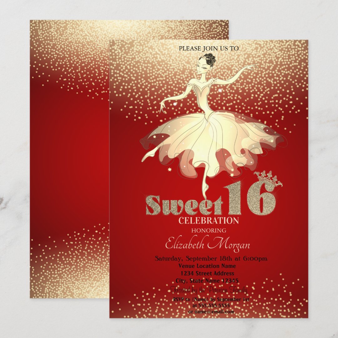 Ballerina,Gold Confetti Glitter Red Sweet 16 Invitation | Zazzle