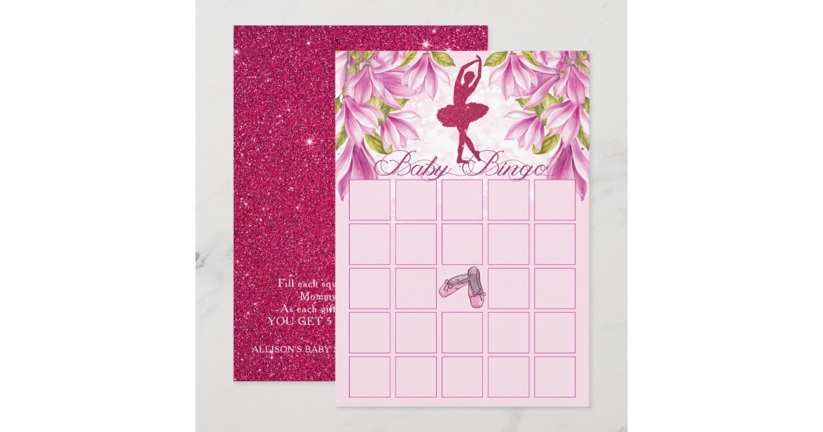 Ballerina Pink Glitter Baby Shower Bingo Invitation | Zazzle