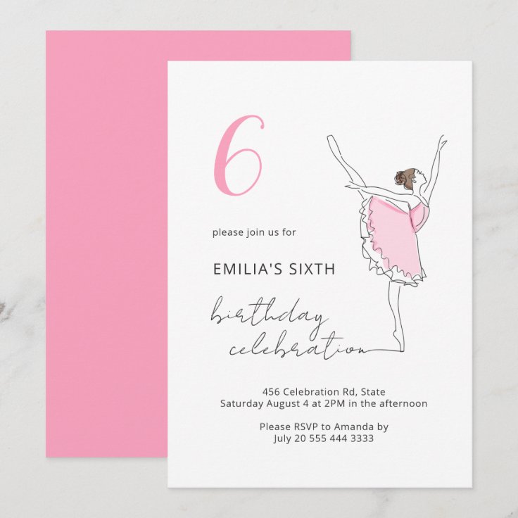 Ballerina Pretty Pink Any Age Kids Birthday Dancer Invitation | Zazzle