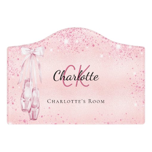 Ballet dance blush pink glitter monogram door sign | Zazzle
