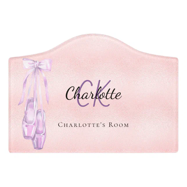 Ballet dance blush pink purple monogram name girl door sign | Zazzle
