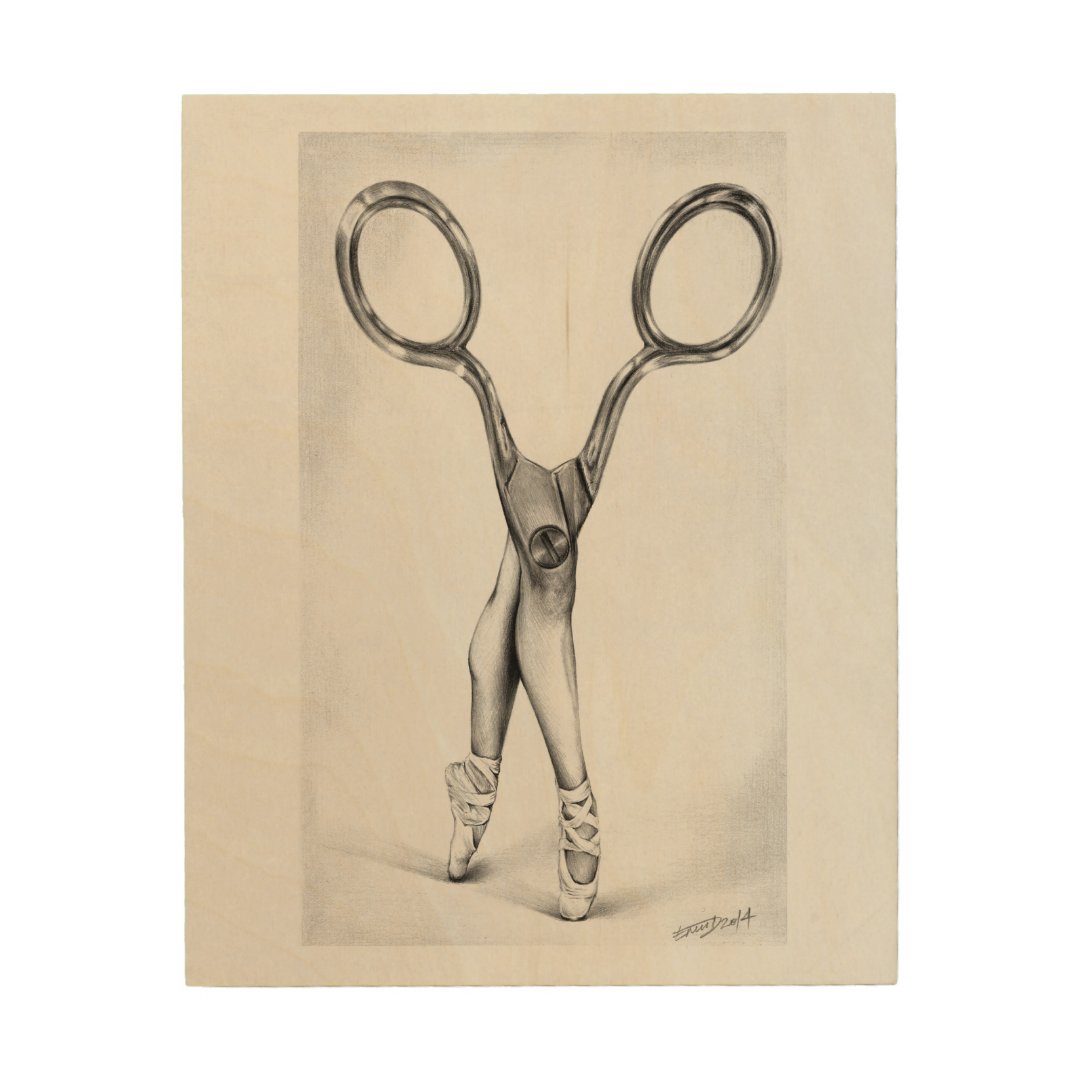 Ballet dance Scissors Ballerina Surreal drawing Wood Wall Art | Zazzle