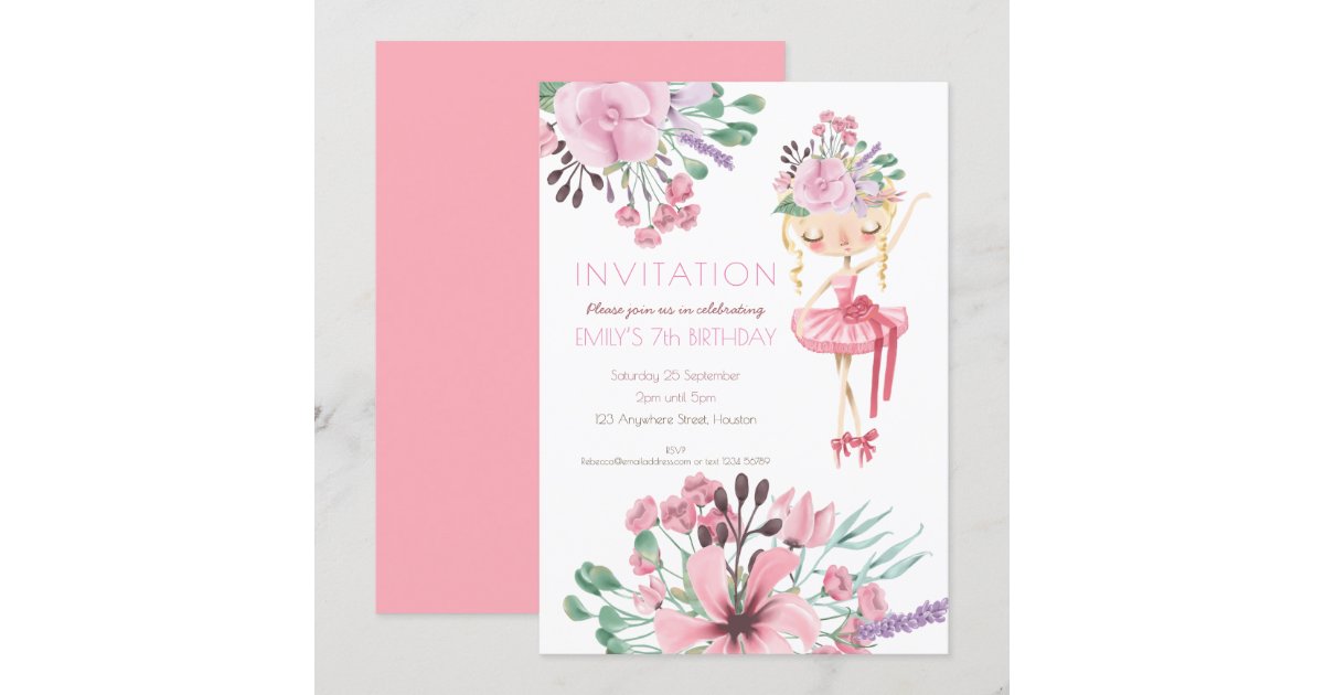 Ballet Dancer Flowers Girl 7th Birthday Party Invitation | Zazzle
