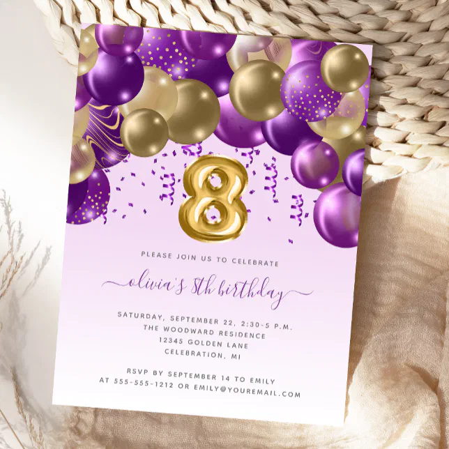 Balloon Arch Purple Gold Girls 8th Birthday Party Postcard | Zazzle