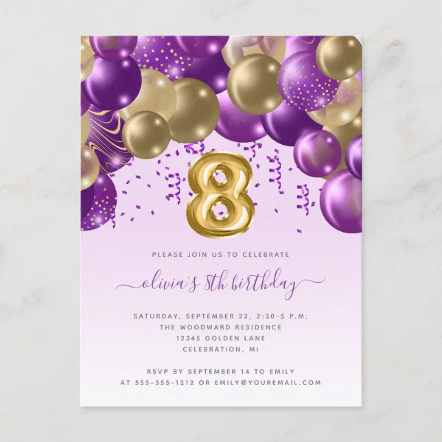 Balloon Arch Purple Gold Girls 8th Birthday Party Postcard | Zazzle