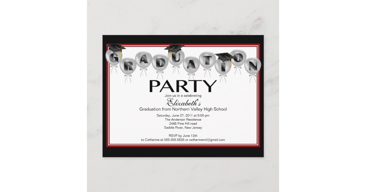 Balloon Graduation Party Invitation Black Grad Cap | Zazzle