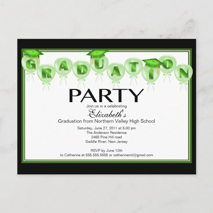 Balloon Graduation Party Invitation Green Cap | Zazzle