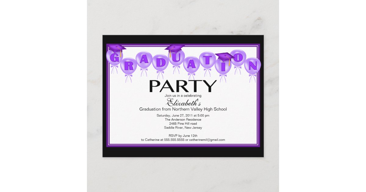 Balloon Graduation Party Invitation Purple Cap | Zazzle