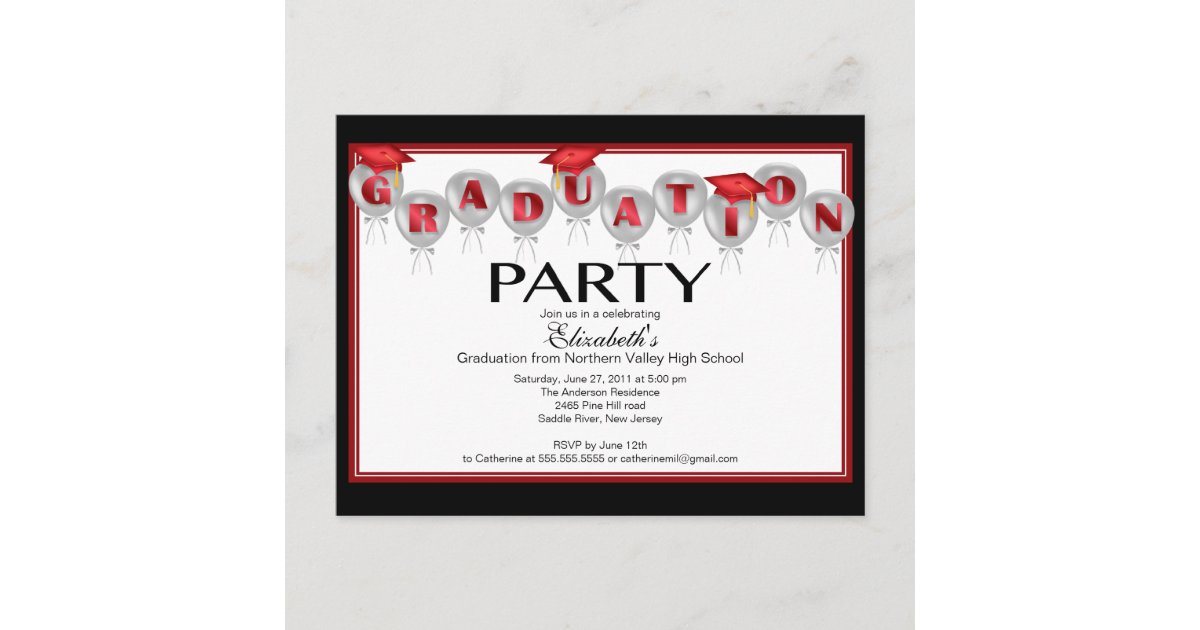 Balloon Graduation Party Invitation Red Grad Cap | Zazzle
