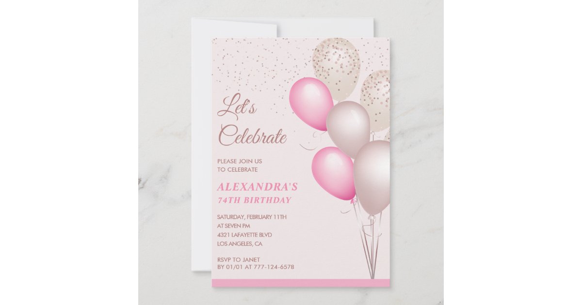 Balloons 74th birthday invitations Pink Confetti | Zazzle