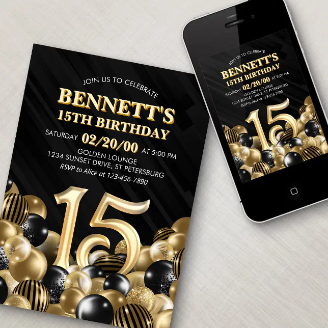 Balloons Black Gold 15th Birthday Invitation | Zazzle