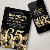 Balloons Black Gold 65th Birthday Invitation | Zazzle